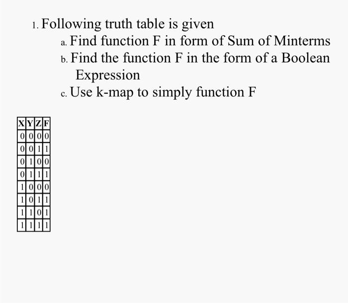 Solved 1. Following truth table is given a. Find function F | Chegg.com Solved 1. Following truth table is given a. Find function F | Chegg.com