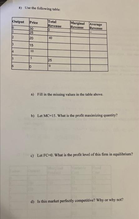 Solved 8) Use the following table: a) Fill in the missing | Chegg.com