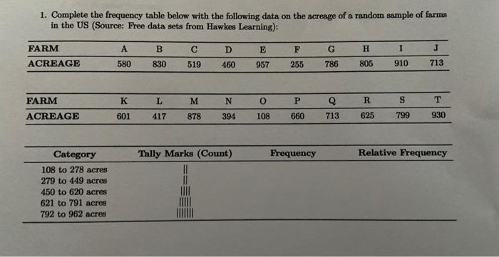 Solved 1. Complete the frequency table below with the | Chegg.com