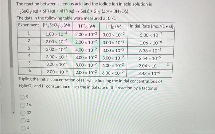 Solved H2SeO3(aq)+6I−(aq)+4H+(aq)→Se(s)+2I3−(aq)+3H2O(l) The | Chegg.com