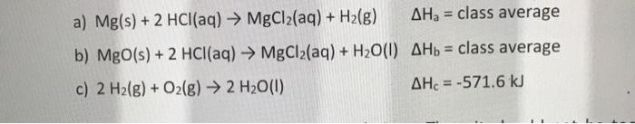 a) Mg(s) + 2 HCl(aq) → MgCl2(aq) + H2(g) AHa = class | Chegg.com