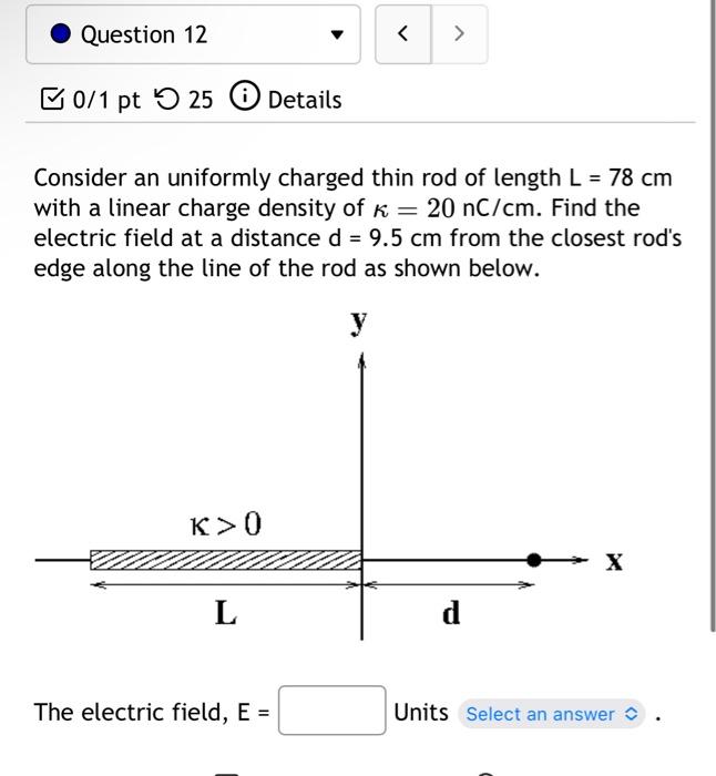 Solved Consider an uniformly charged thin rod of length L=78 | Chegg.com
