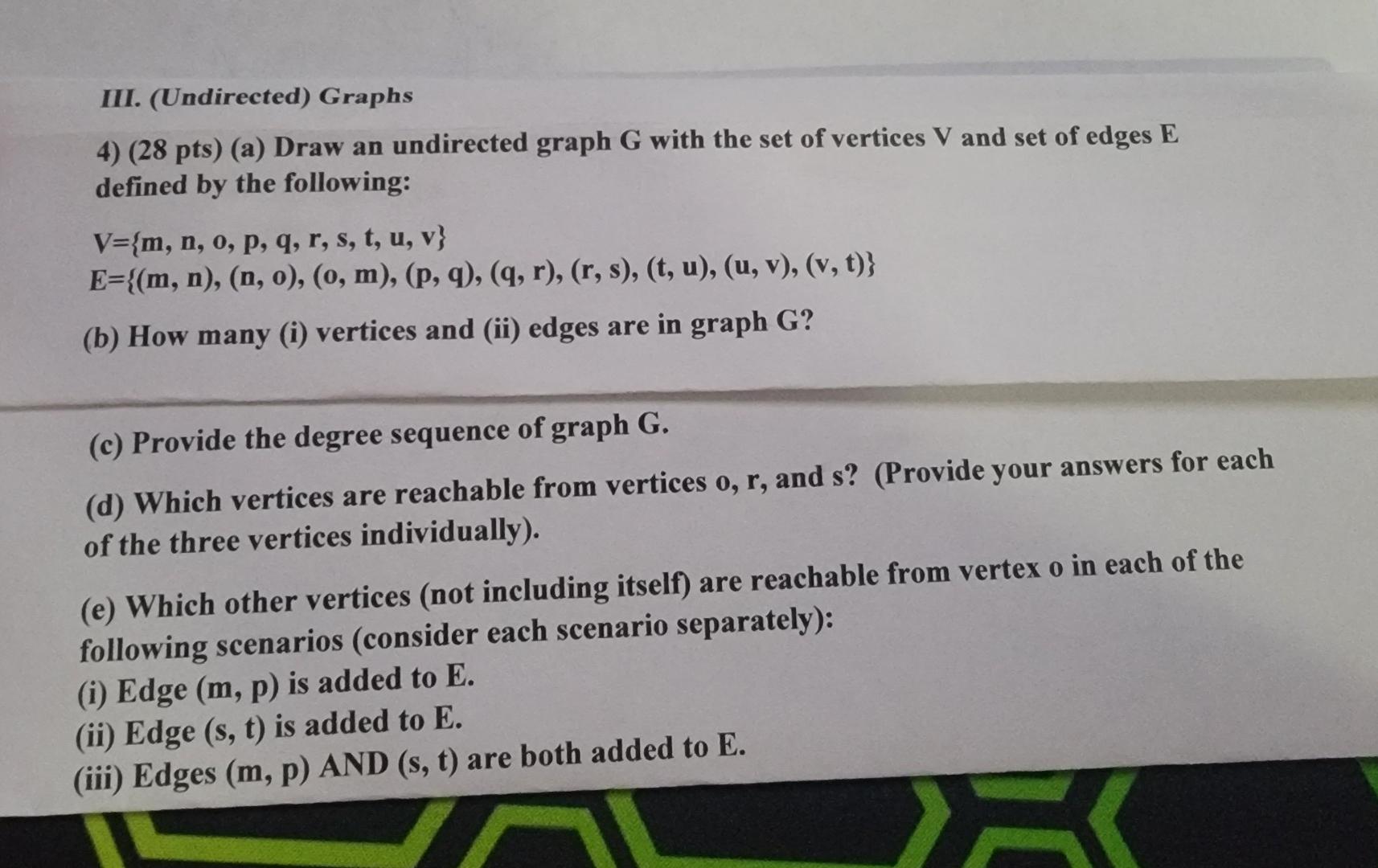 Solved III. (Undirected) Graphs 4) (28 pts) (a) Draw an | Chegg.com