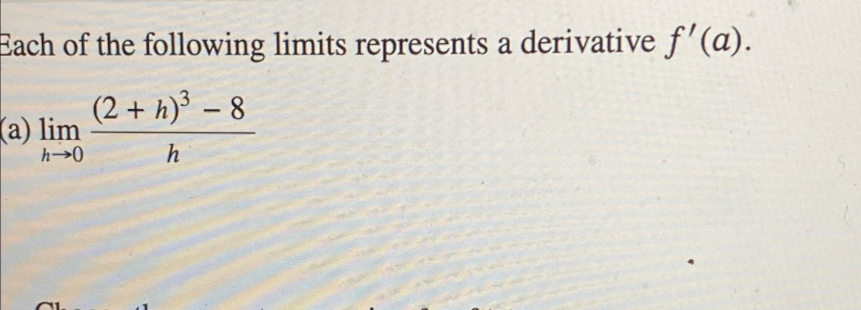 Solved Each of the following limits represents a derivative | Chegg.com