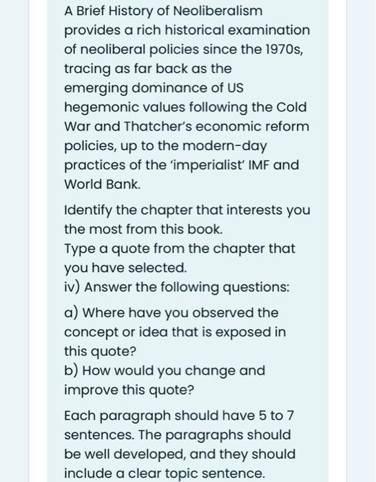 Solved A Brief History of Neoliberalism provides a rich | Chegg.com