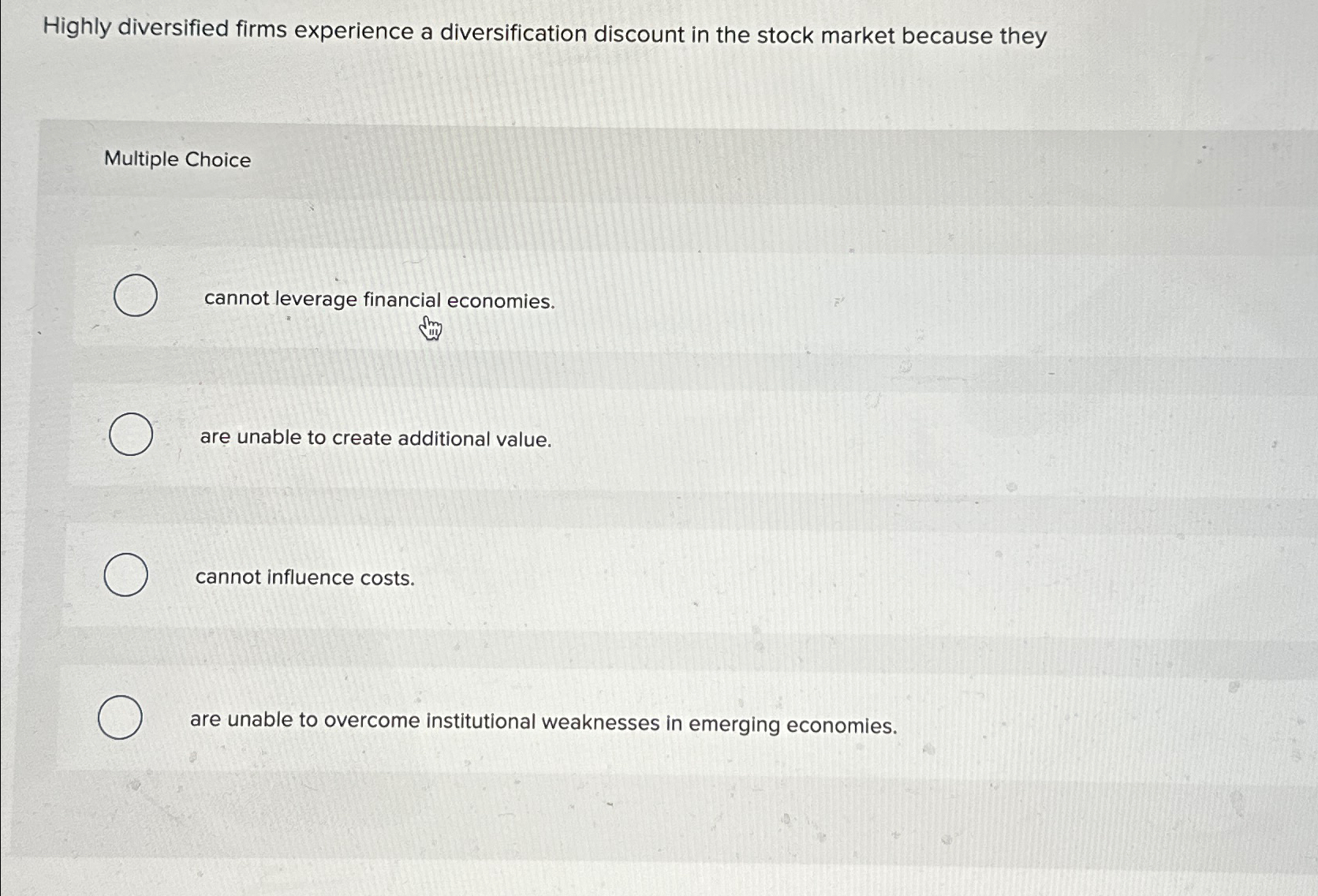 Solved Highly diversified firms experience a diversification | Chegg.com