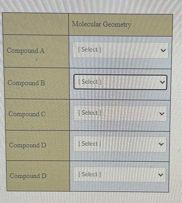 Solved 19. Select the correct molecular geometry for each of | Chegg.com