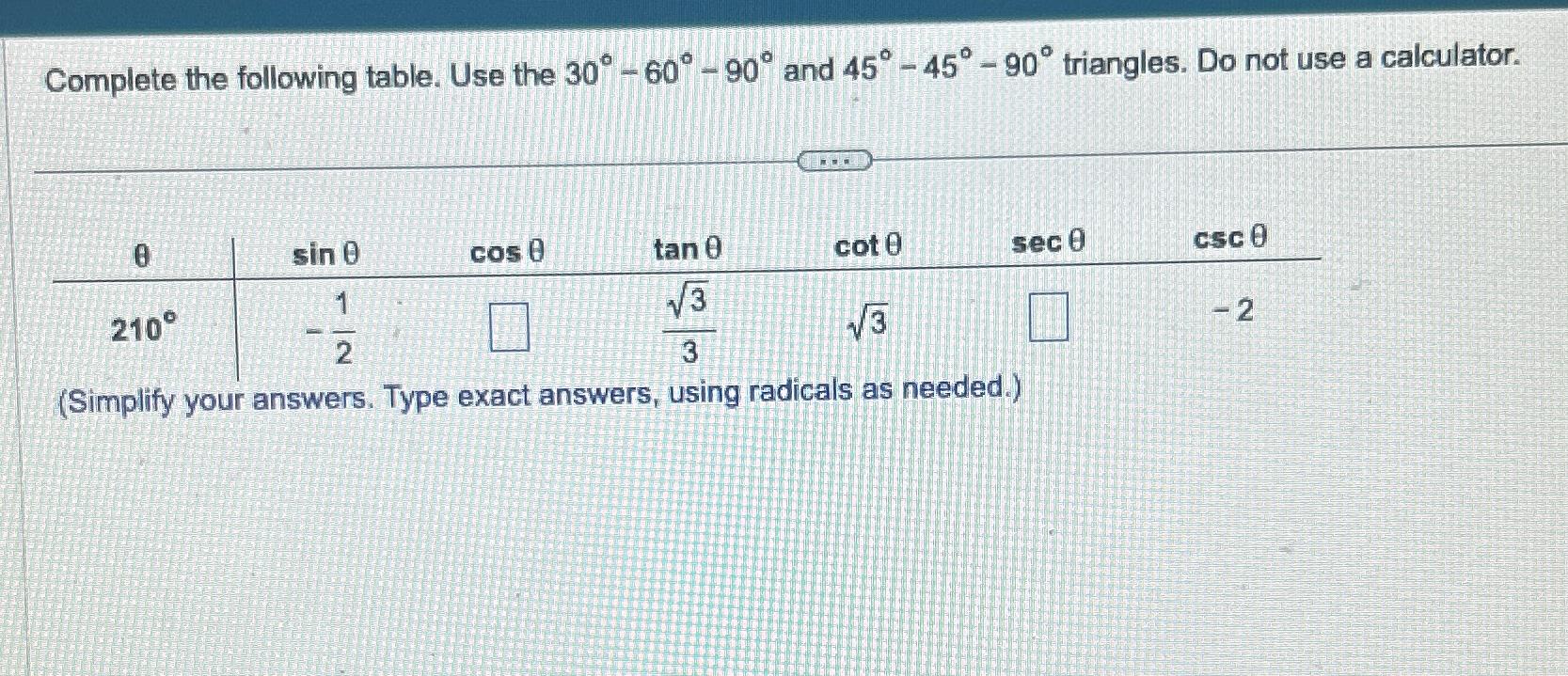 Solved Complete the following table. Use the 30°-60°-90° | Chegg.com