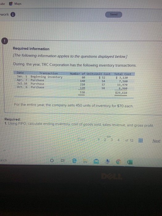 Solved ube Maps ework Savod Required information [The | Chegg.com