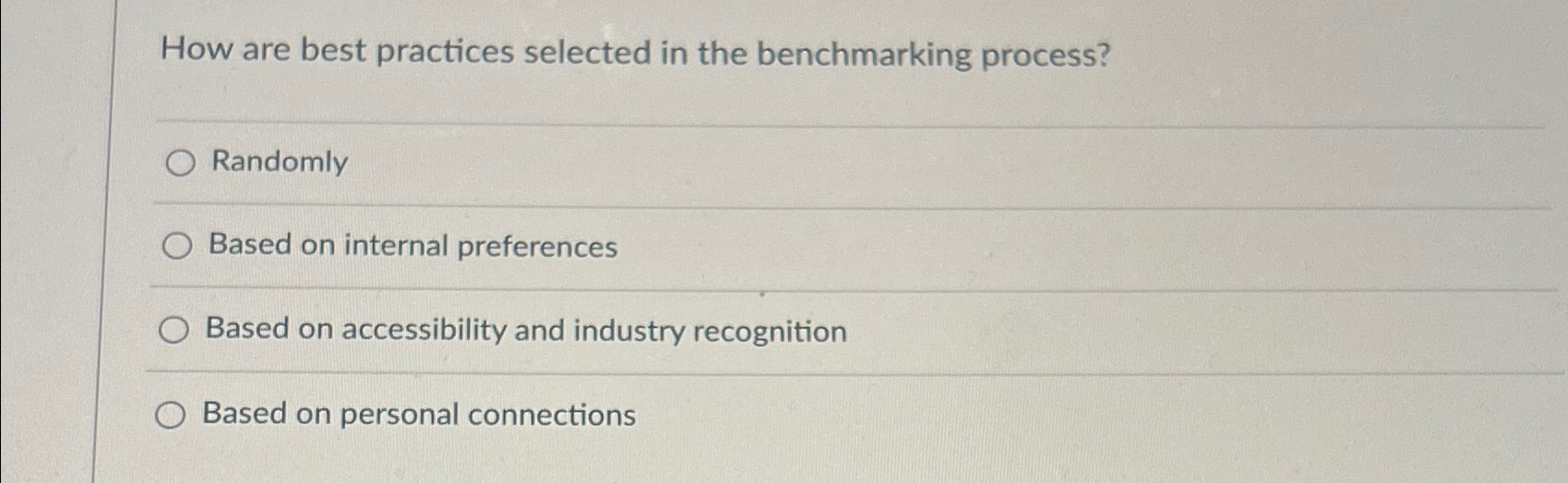 Solved How are best practices selected in the benchmarking | Chegg.com