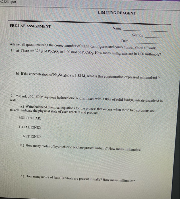 Solved 6232(1).pdf LIMITING REAGENT PRE-LAB ASSIGNMENT Name | Chegg.com