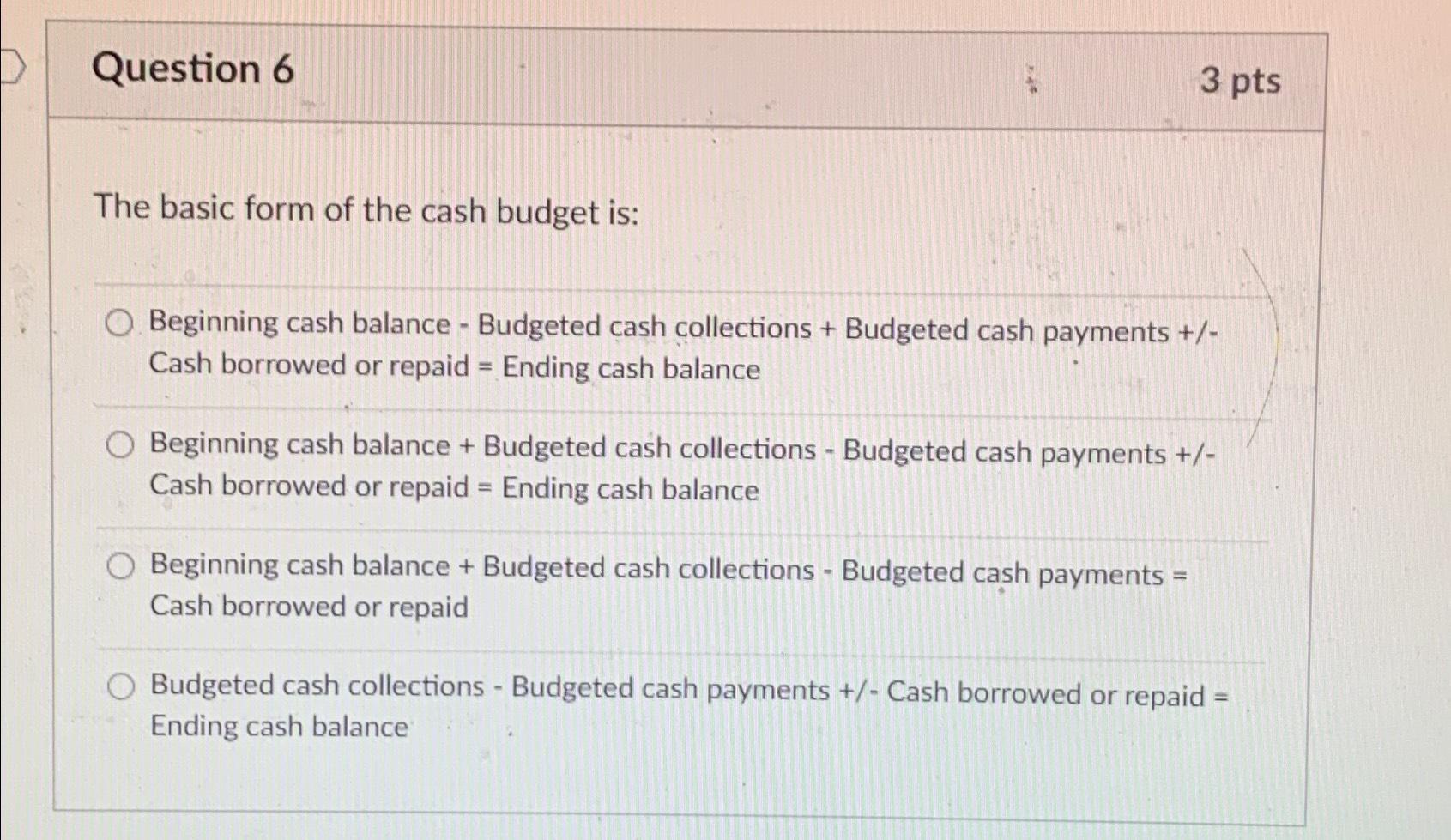 Solved Question 63 ﻿ptsThe basic form of the cash budget | Chegg.com
