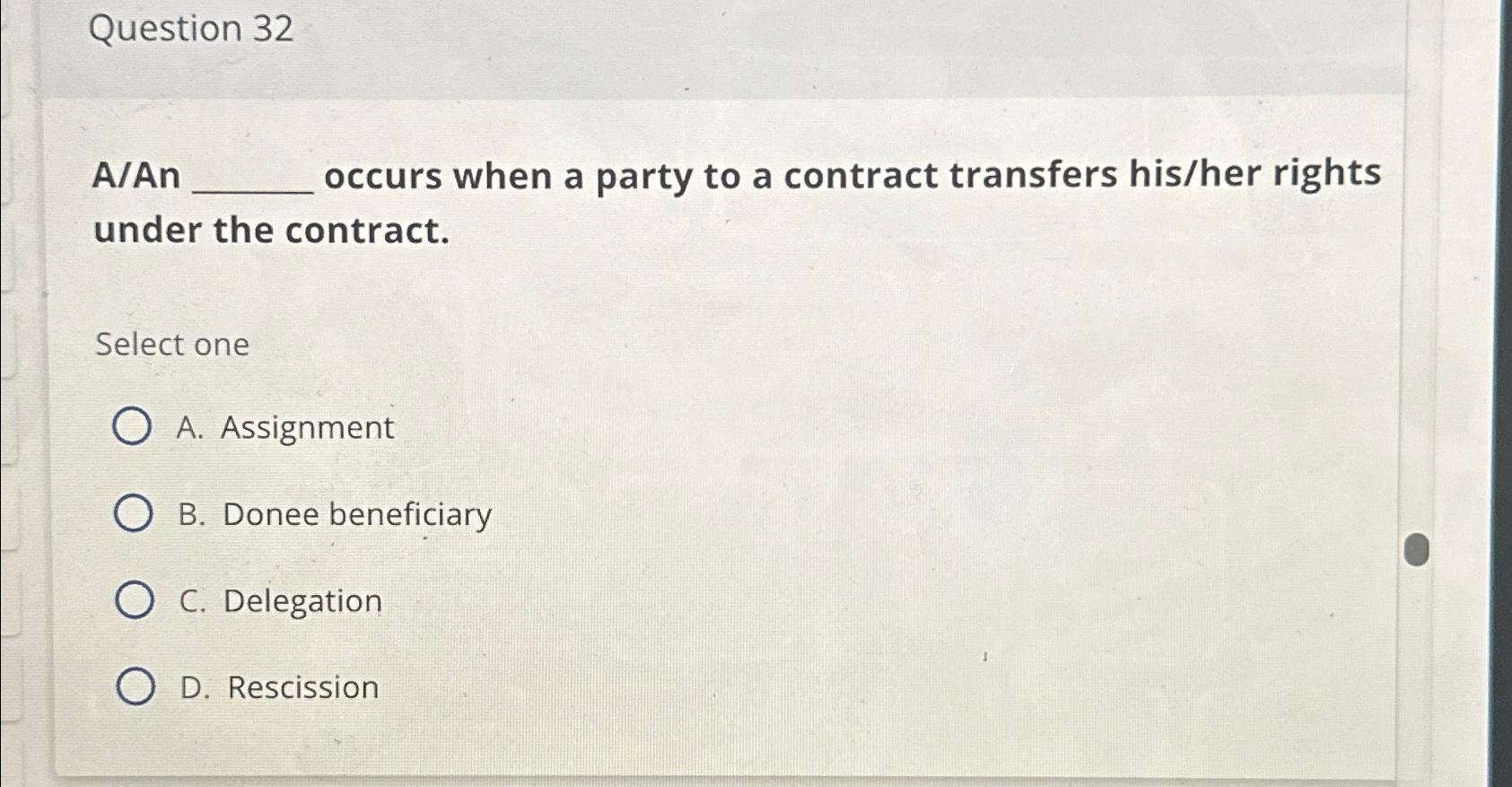 Solved Question 32A/An occurs when a party to a contract | Chegg.com