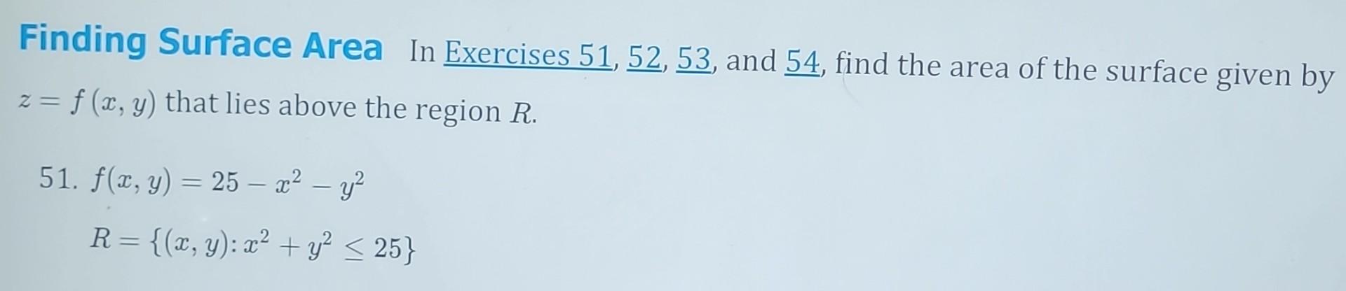 Solved Finding Surface Area In Exercises 51, 52,53, and 54, | Chegg.com