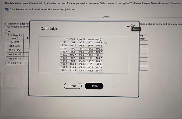 Solved The data set represents the exit velocity (in miles | Chegg.com