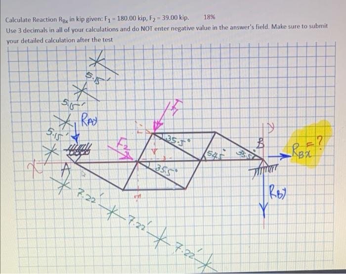 Solved Calculate Reaction Rex in kip given: F1 = 180.00 kip, | Chegg.com