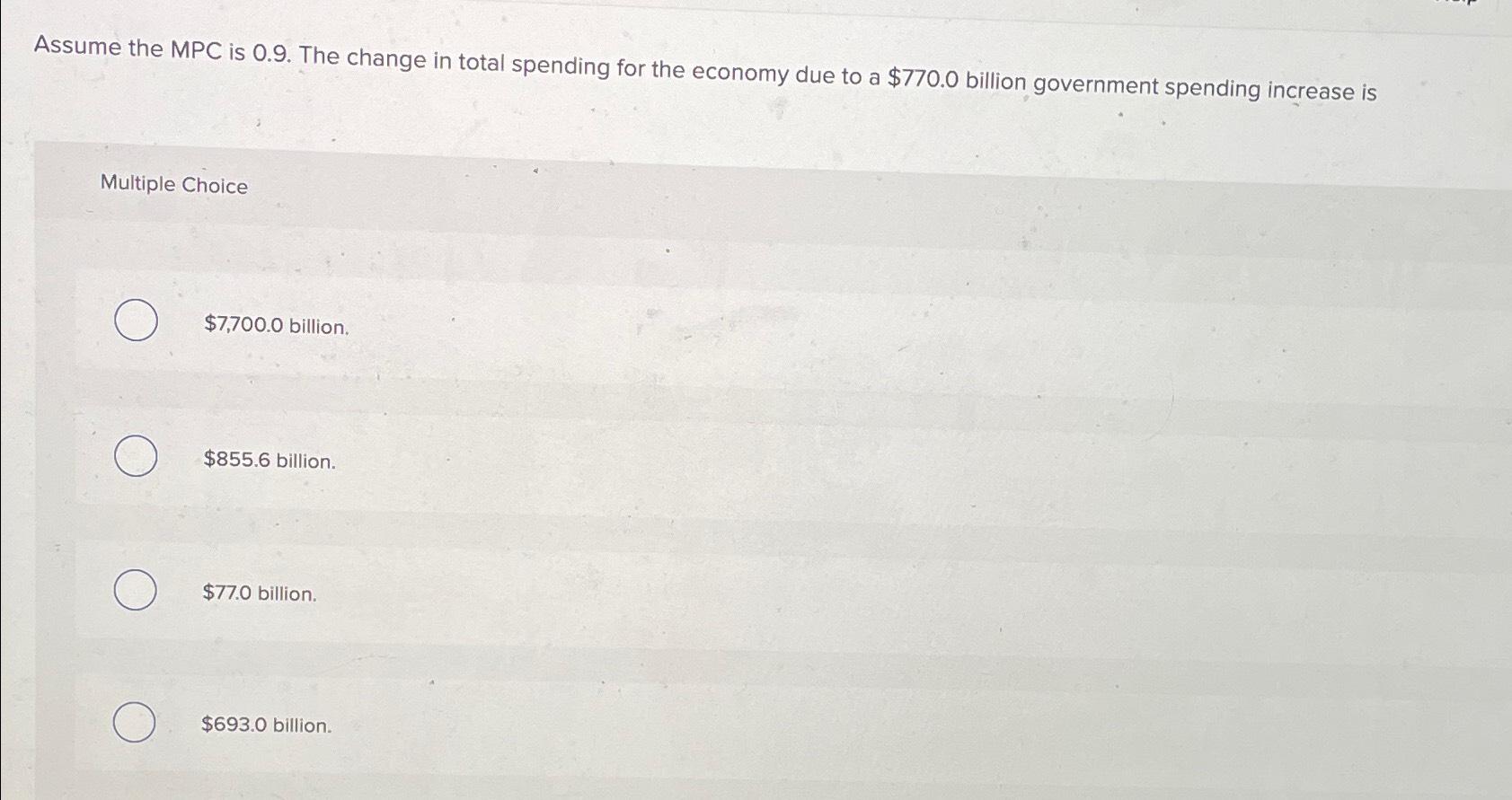 Solved Assume the MPC is 0.9. ﻿The change in total spending | Chegg.com