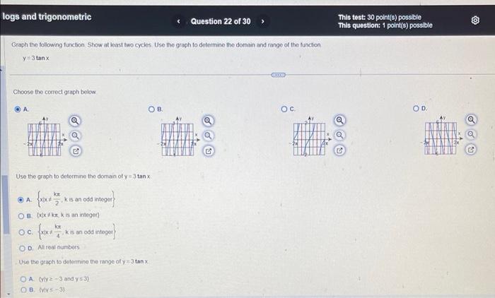 Solved y=3tanx choose the concet graph below A. B. c. Use | Chegg.com