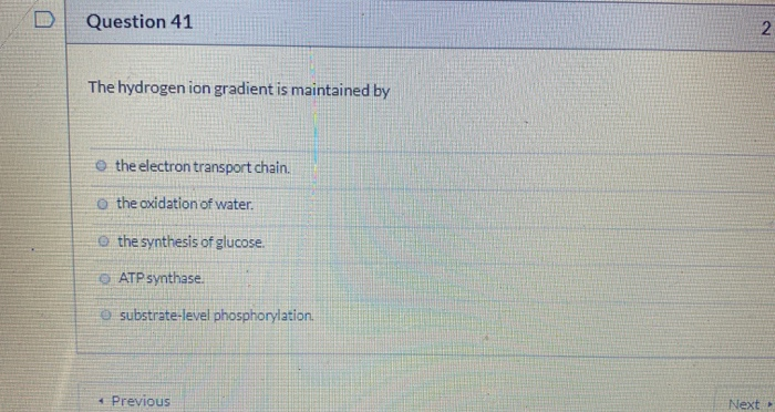 Solved Question 41 The hydrogen ion gradient is maintained | Chegg.com