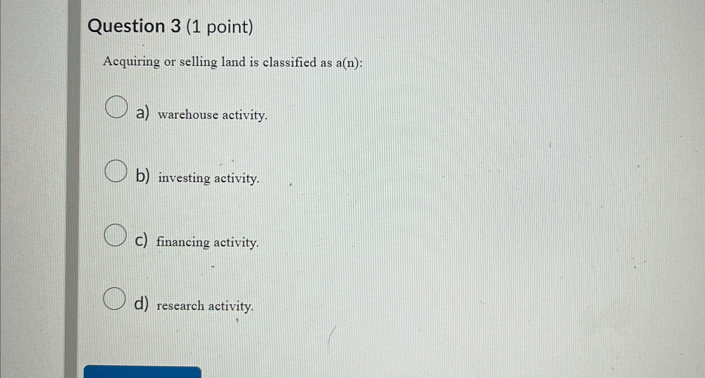 Solved Question 3 (1 ﻿point)Acquiring or selling land is | Chegg.com