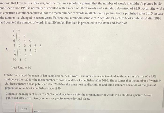 Solved uppose that Felisha is a librarian, and she read in a | Chegg.com