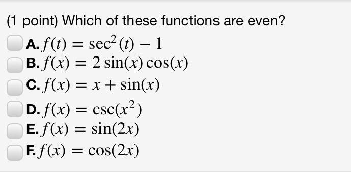 Solved (1 point) Which of these functions are even? A. f(t) | Chegg.com
