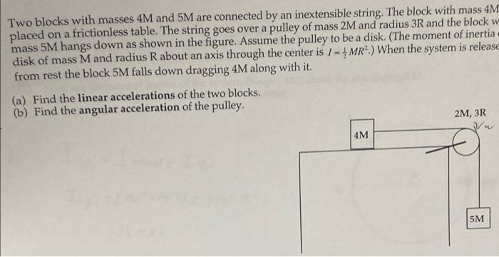 Solved Two blocks with masses 4M and 5M are connected by an | Chegg.com