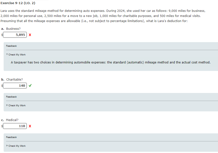 Solved Exercise 9-12 (LO. 2)Lara uses the standard mileage | Chegg.com