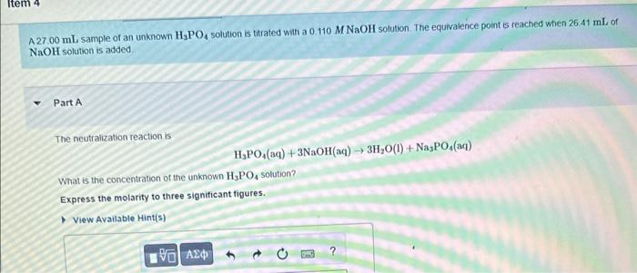 Solved A 27.00 mL sample of an unknown H3PO4 solution is | Chegg.com