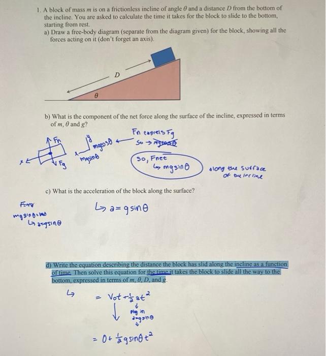 Solved 1. A block of mass m is on a frictionless incline of | Chegg.com