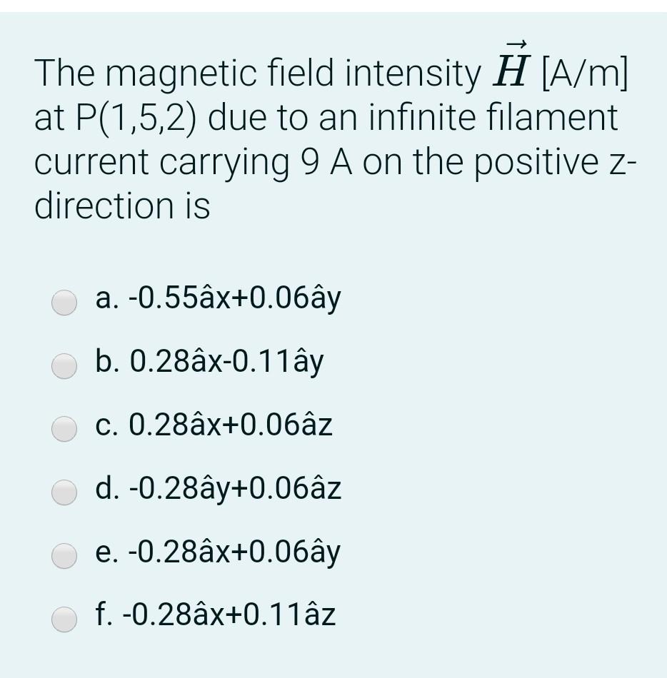 Solved The magnetic field intensity H [A/m] at P(1,5,2) due | Chegg.com
