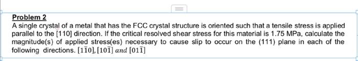 Solved Problem 2 A single crystal of a metal that has the | Chegg.com