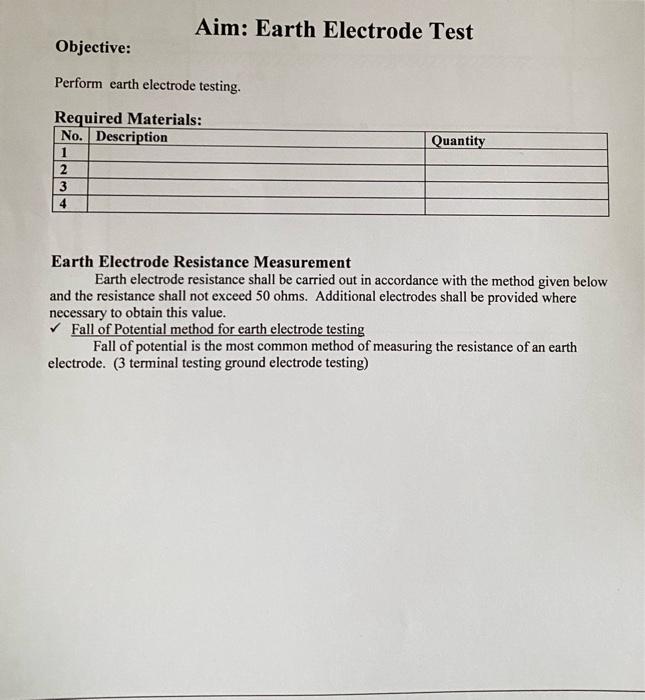 Aim: Earth Electrode Test Objective: Perform earth | Chegg.com