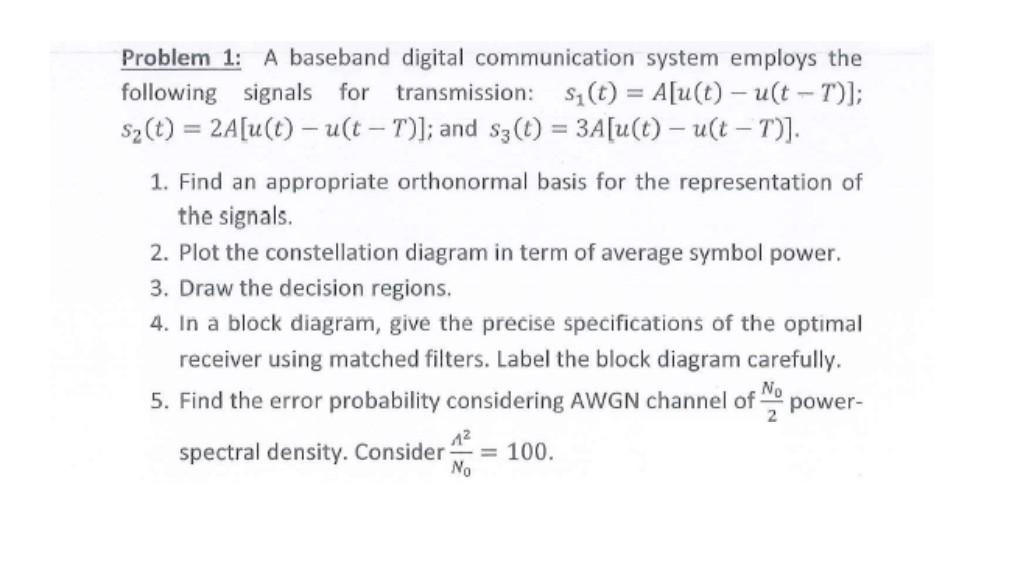 Problem 1: A baseband digital communication system | Chegg.com