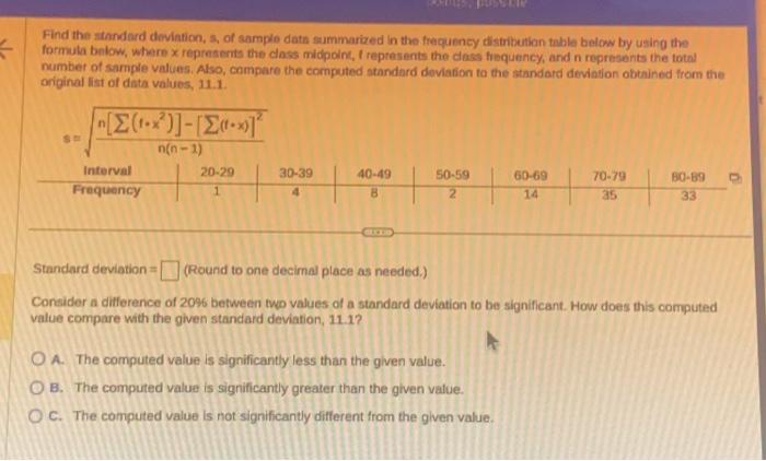 Solved * Find the standard deviation, s, of sample data | Chegg.com
