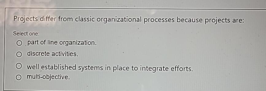 Solved Projects differ from classic organizational processes | Chegg.com