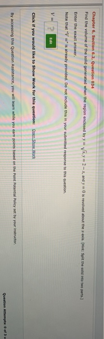Solved Chapter 6, Section 6.2, Question 034 Find the volume | Chegg.com