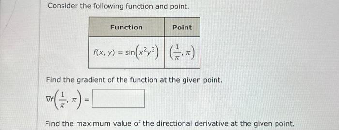 Solved Consider the following function and point. Function π | Chegg.com