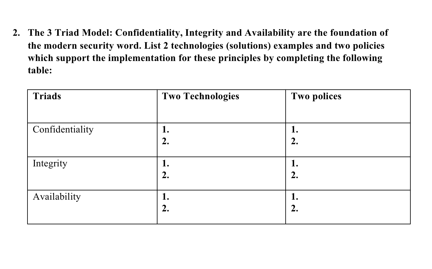 Solved The 3 ﻿Triad Model: Confidentiality, Integrity and | Chegg.com