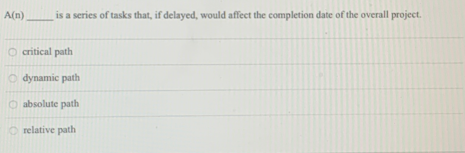 Solved A(n) ﻿is a series of tasks that, if delayed, would | Chegg.com