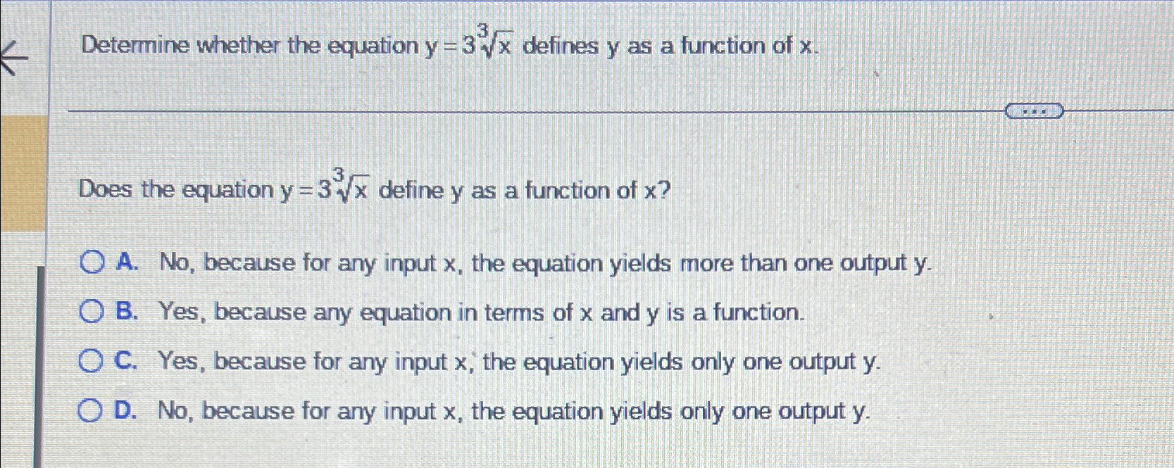 Solved Determine whether the equation y=3x3 ﻿defines y ﻿as a | Chegg.com