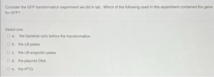 Solved Consider the GFP transformation experiment we did in | Chegg.com
