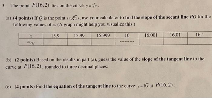 Solved 3. The point P(16,2) lies on the curve y=4x. (a) (4 | Chegg.com