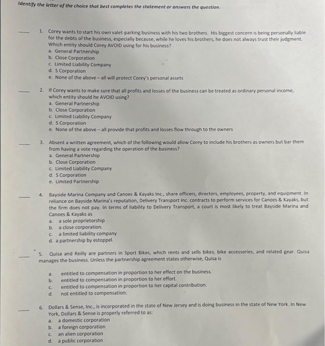Solved Identify the letter of the chaice that best completes | Chegg.com