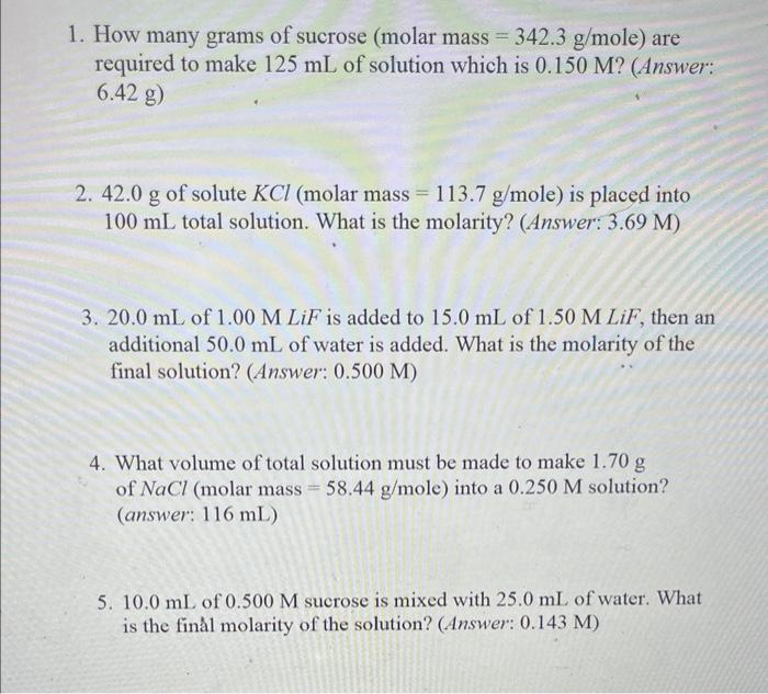 Solved 1. How many grams of sucrose (molar mass =342.3 | Chegg.com