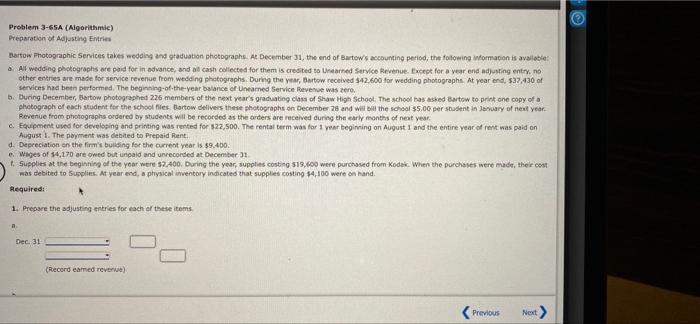 Solved Problem 3-65A (Algorithmic) Preparation of Adjusting | Chegg.com