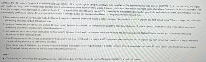 please use info given to calculate FWT and SWT useing | Chegg.com