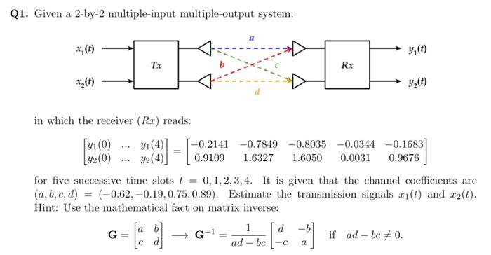 Solved Q1. Given a 2-by-2 multiple-input multiple-output | Chegg.com