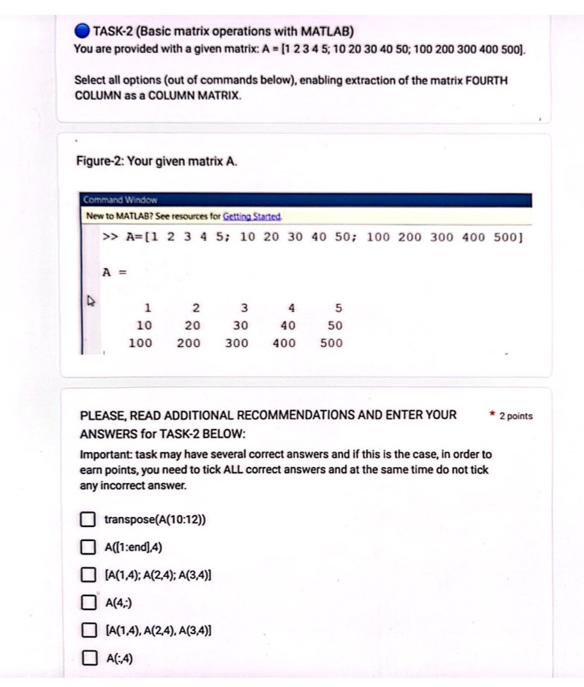 Solved TASK-2 (Basic matrix operations with MATLAB)You are | Chegg.com