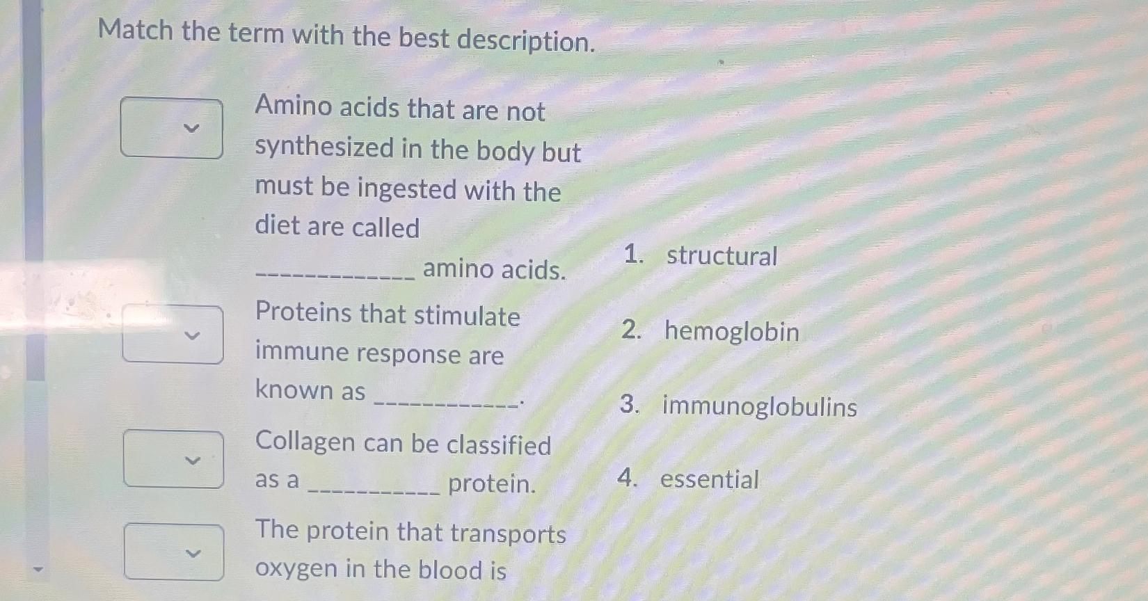 Solved Match the term with the best description.Amino acids | Chegg.com